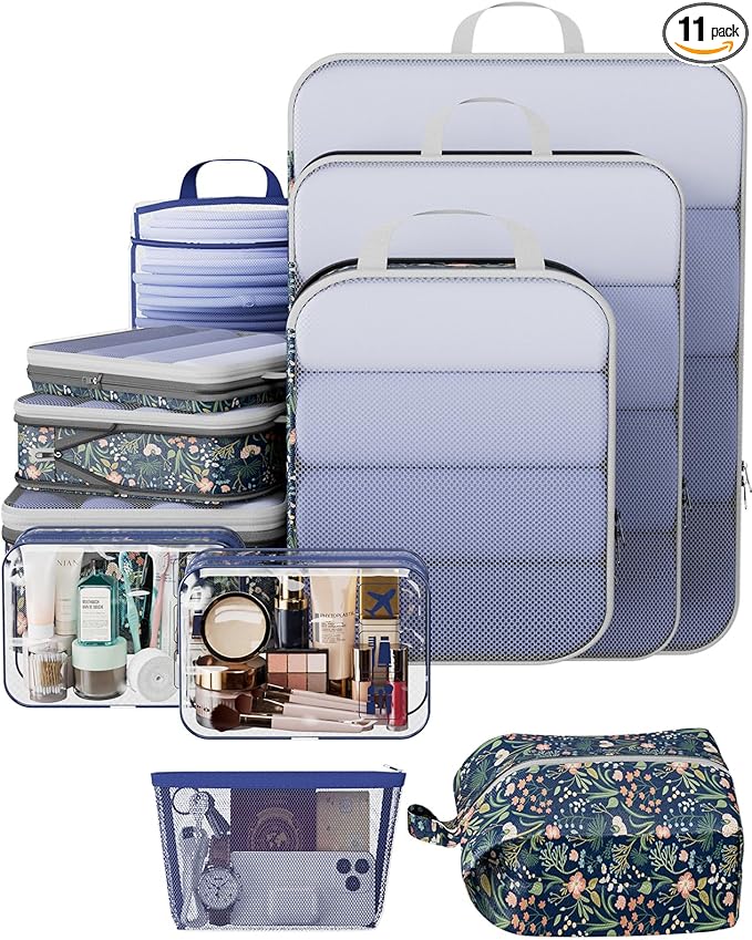 Veken 11 Set Compression Packing Cubes(Dark Blue Floral)
