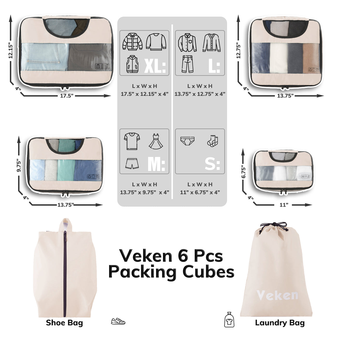 Packing Cubes | 6 Set | Color Cream | Veken | aborderproducts