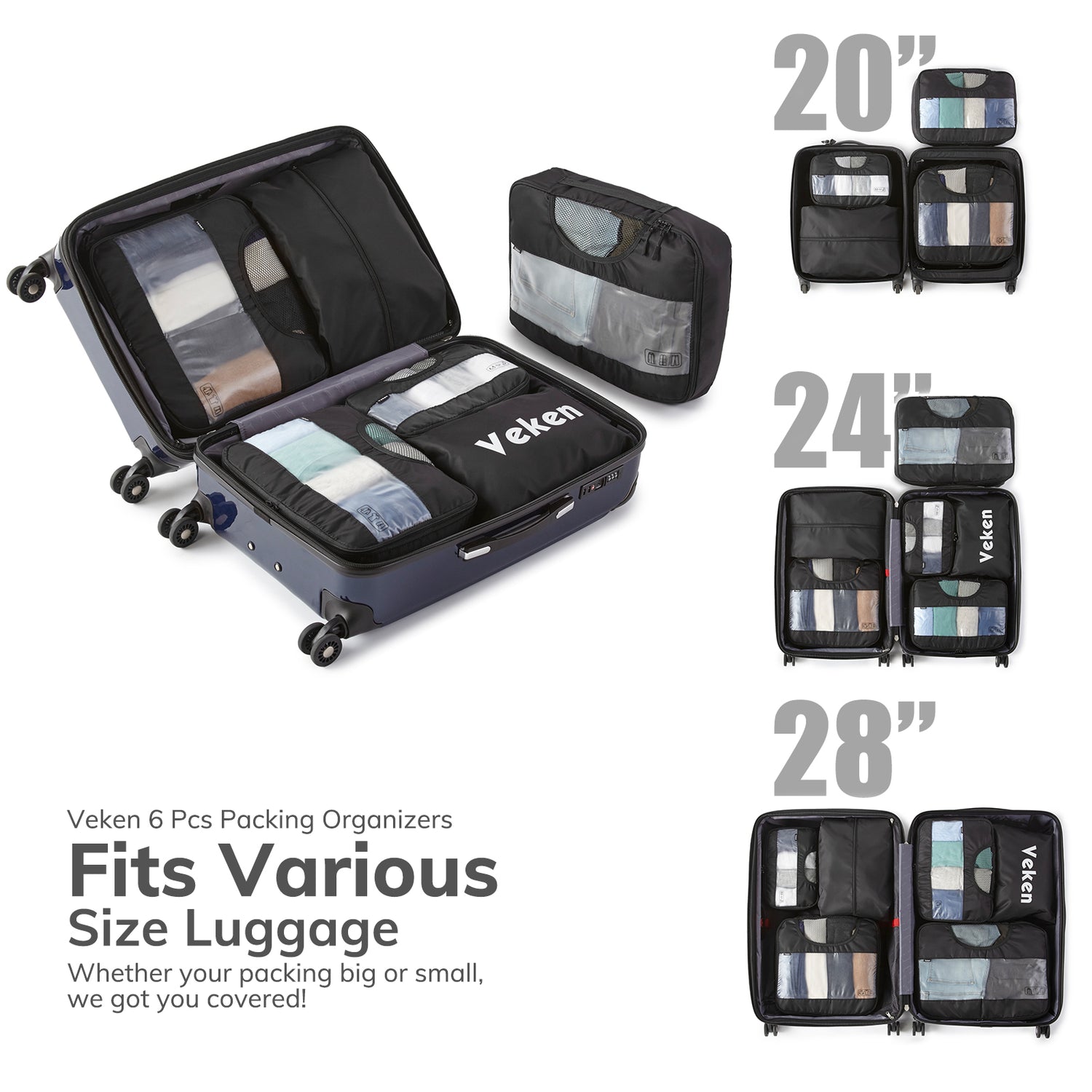 Packing Cubes | 6 Set | Color Jet Black | Veken | aborderproducts