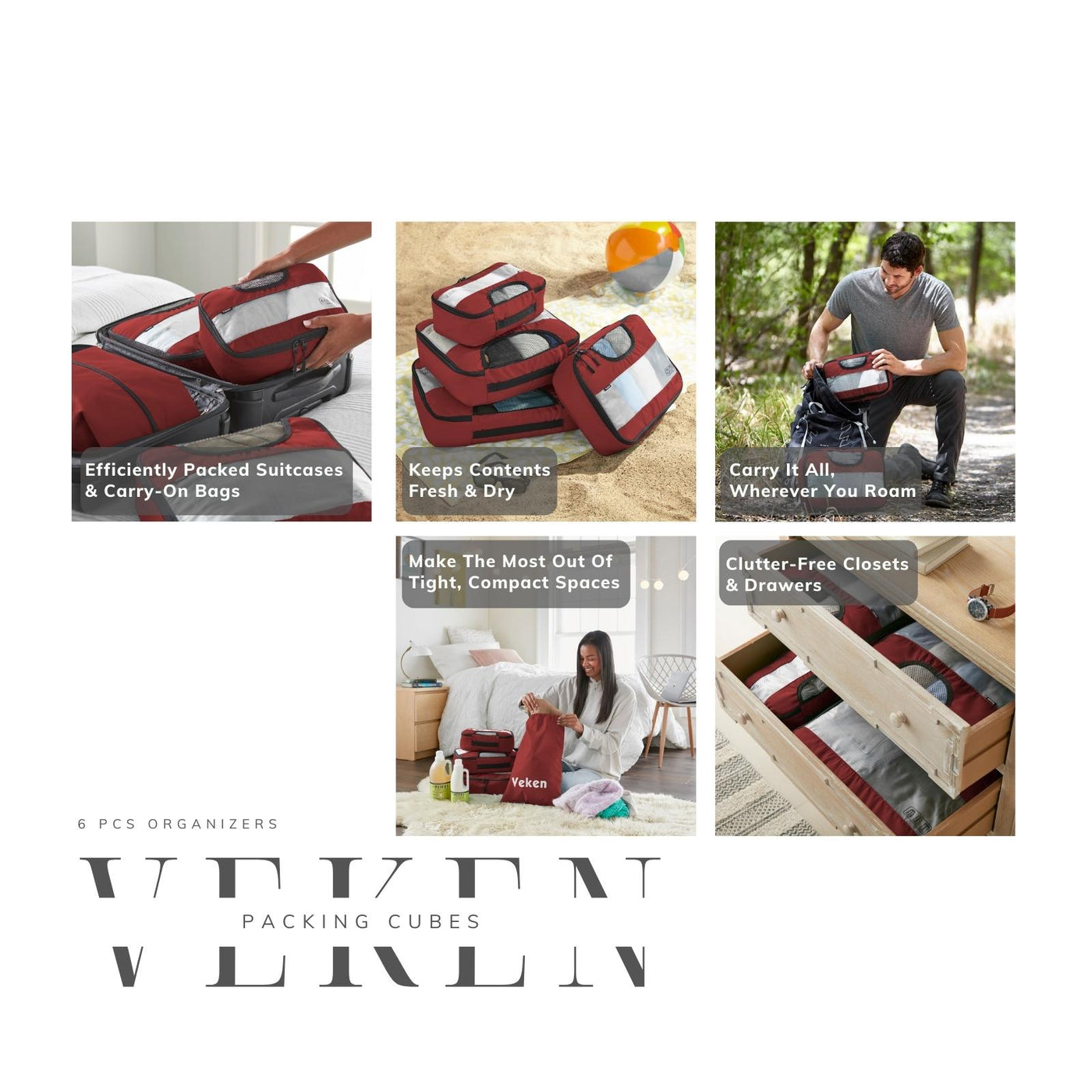 Packing Cubes | 6 Set | Color Wine Red | Veken | aborderproducts