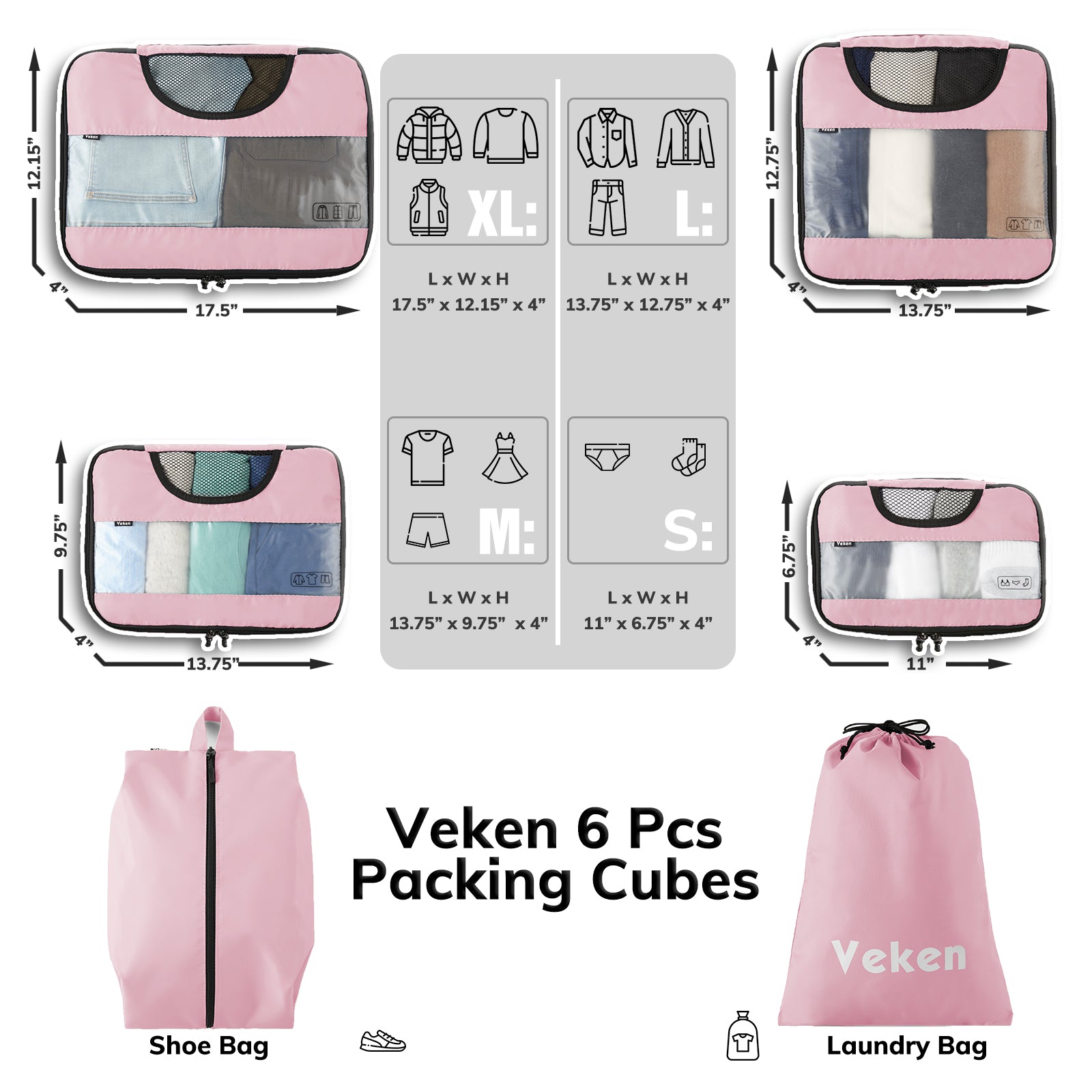 Packing Cubes | 6 Set | Color Pink | Veken | aborderproducts