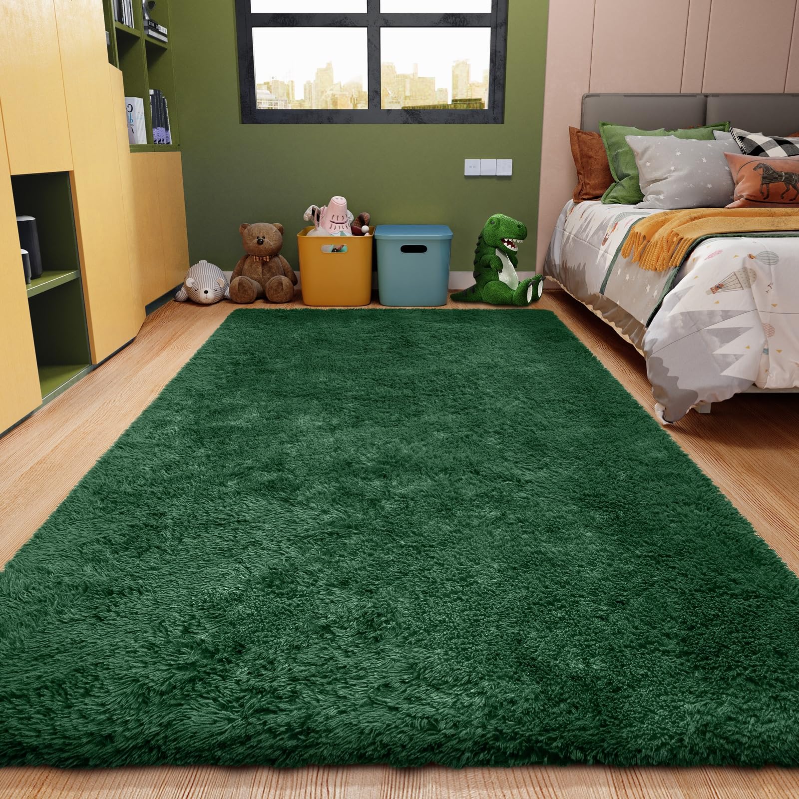 Ophanie Upgrade Fluffy Shaggy Soft Area Rug | Green 4x6 | aborderproducts