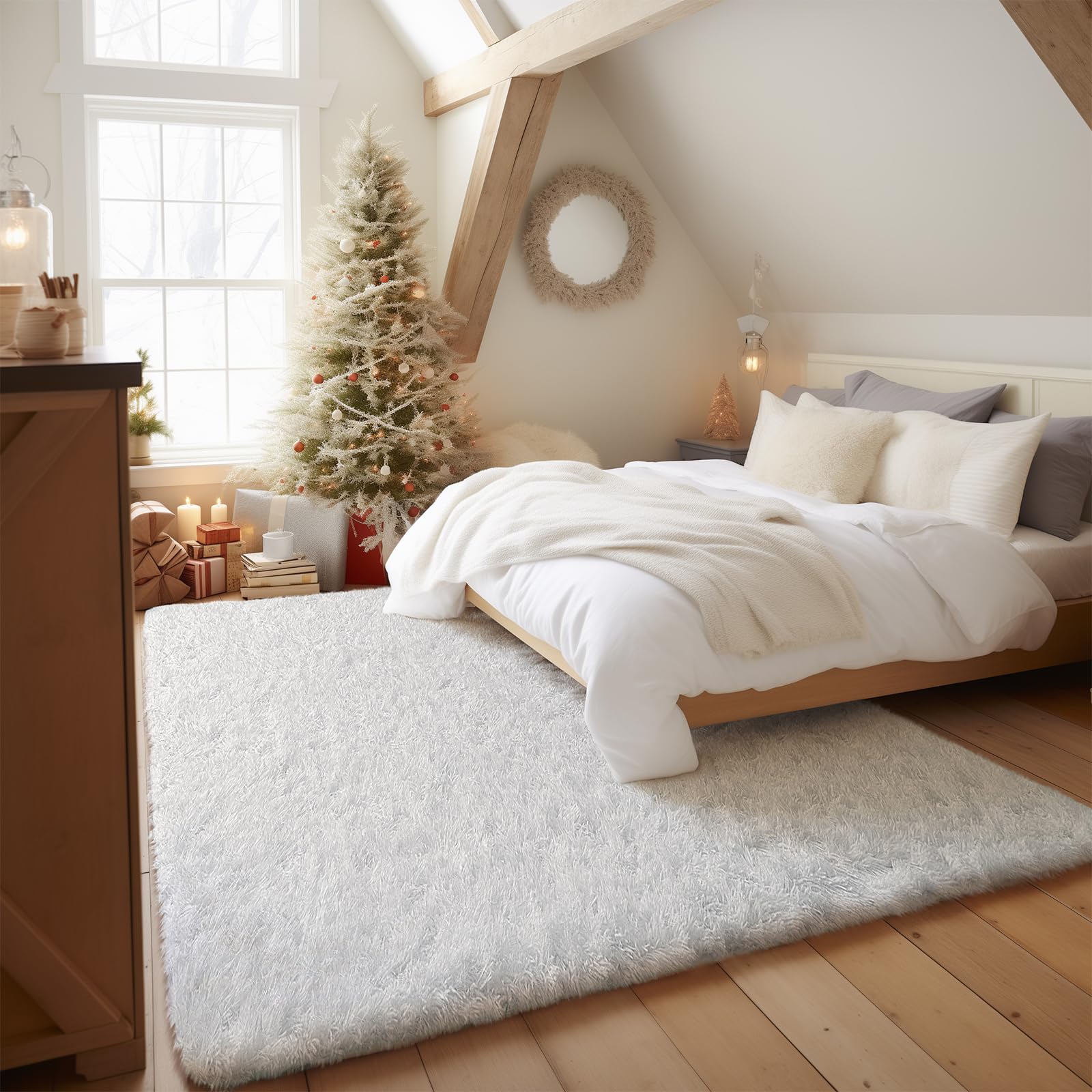 Ophanie Upgrade Fluffy Shaggy Soft Area Rug | White 4x6 | aborderproducts