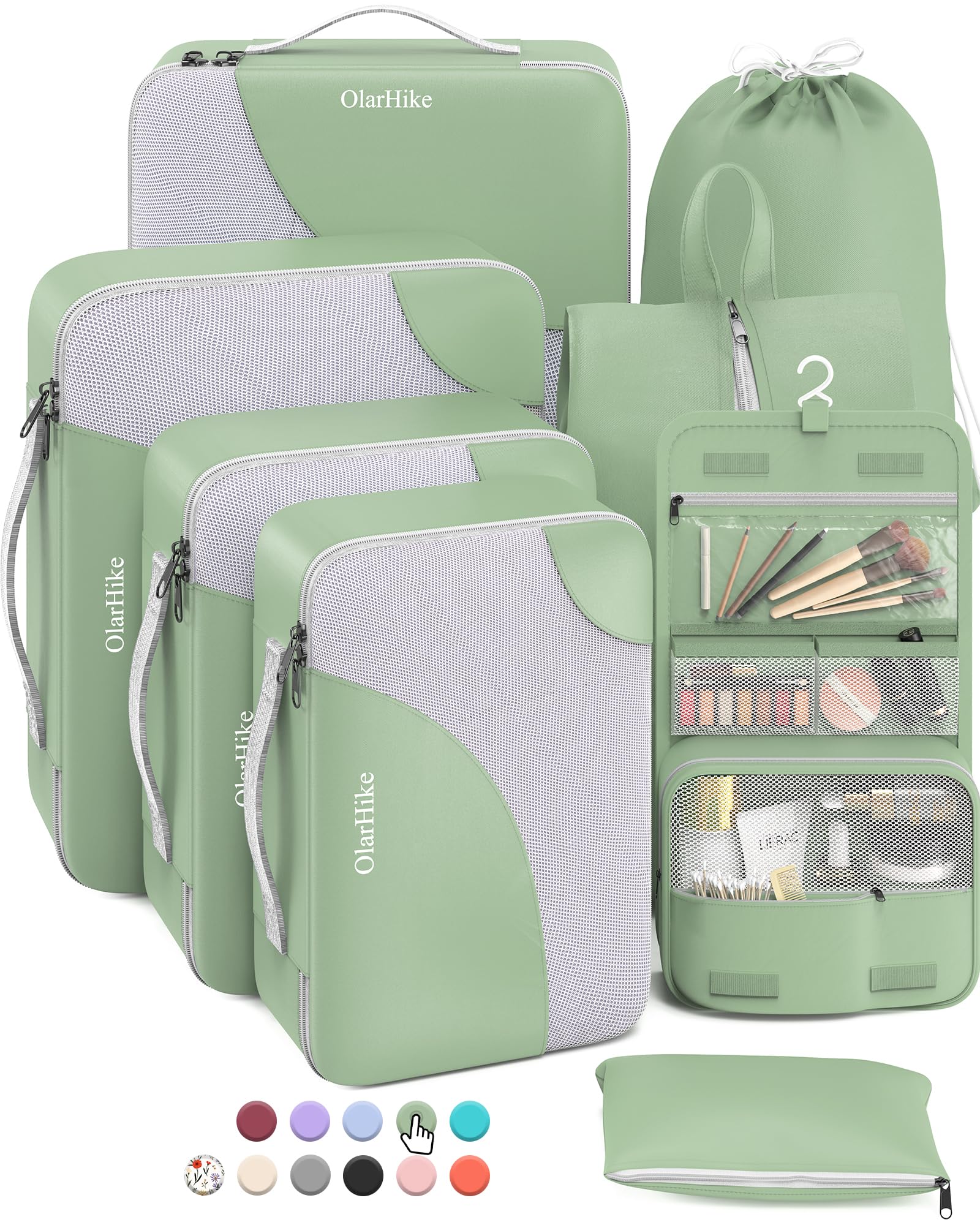 OlarHike 8 Piece Set Travel Packing Cubes | Matcha Green | aborderproducts